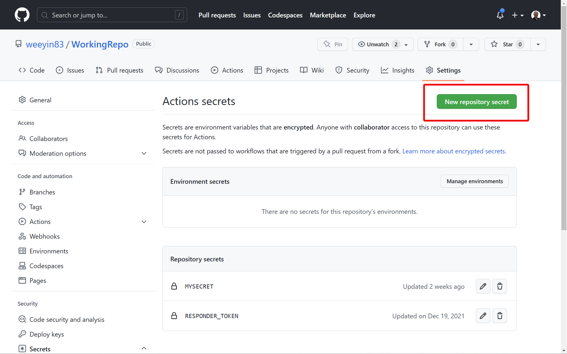 Github Actions Secrets