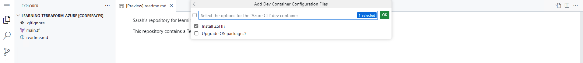 Set up a dev container for Terraform in GitHub Codespaces