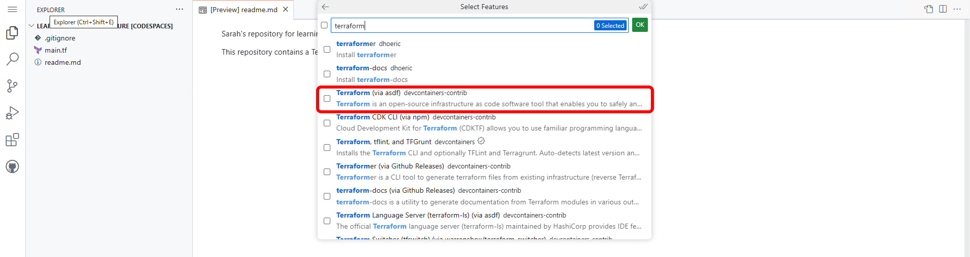 Set up a dev container for Terraform in GitHub Codespaces